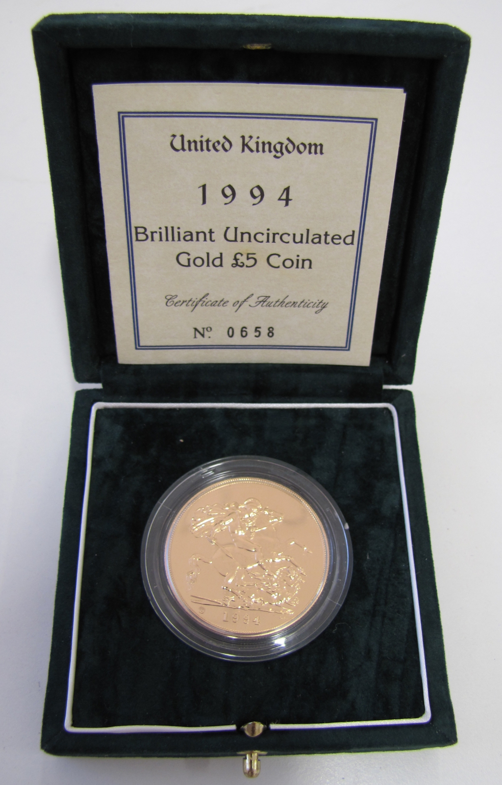 1994 Brilliant Uncirculated Gold Five Pound Coin Quintuple Sovereign 1994 Brilliant Uncirculated Gold Five Pound Coin Quintuple Sovereign