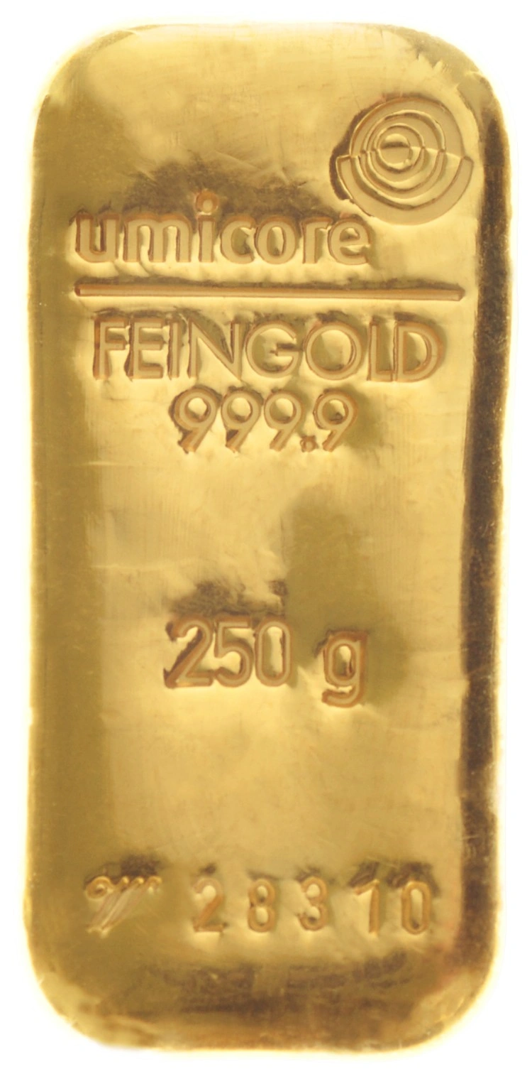 250g Gold Bar Umicore - From £29,124 | BullionByPost