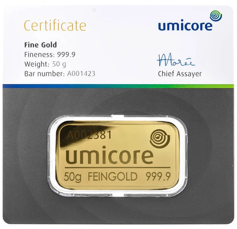 50g Gold Bar Umicore - From £5,813 | BullionByPost