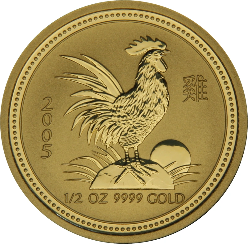 2005 Year of the Rooster Gold Coin 1/2oz Perth Mint Australian Lunar ...